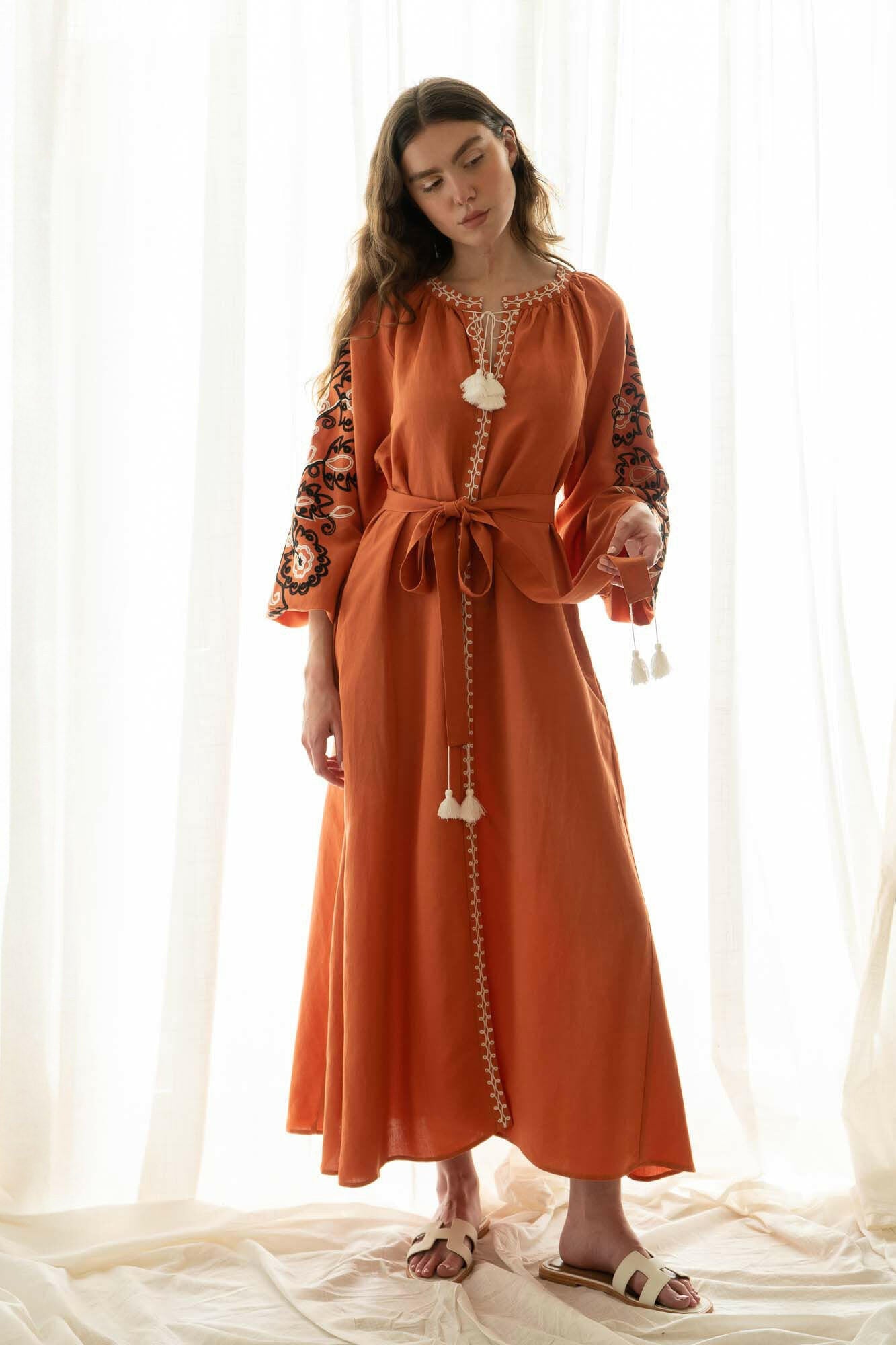 The Janni Dress in Burned Orange — Embroidered Linen Blend Maxi Dress ...